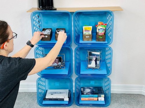 Easy DIY Dollar Tree Plastic Crate Shelves with Video - Chas' Crazy ...